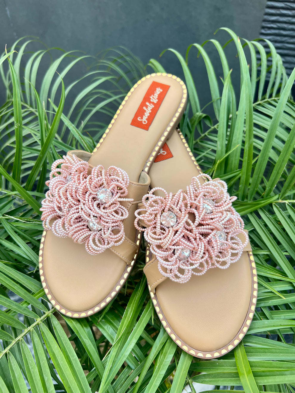 Blush Beaded Bloom Slides – Sandal Stories